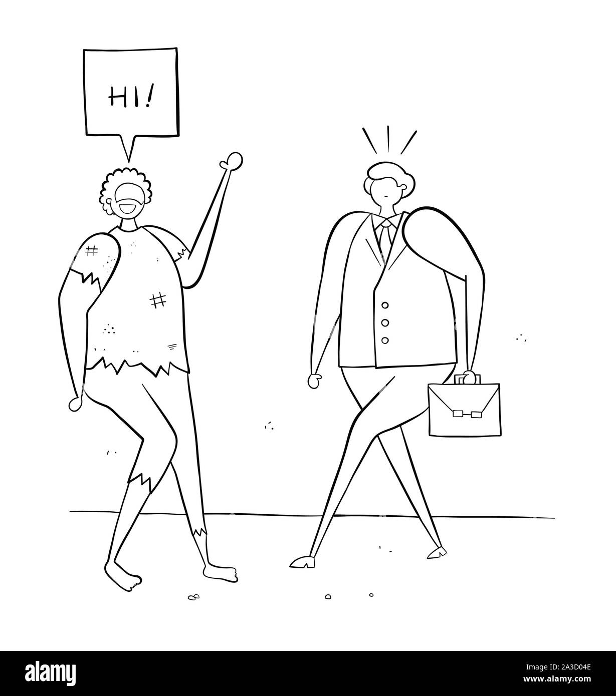 Homeless man saying hi to businessman. Maybe they were colleagues ...