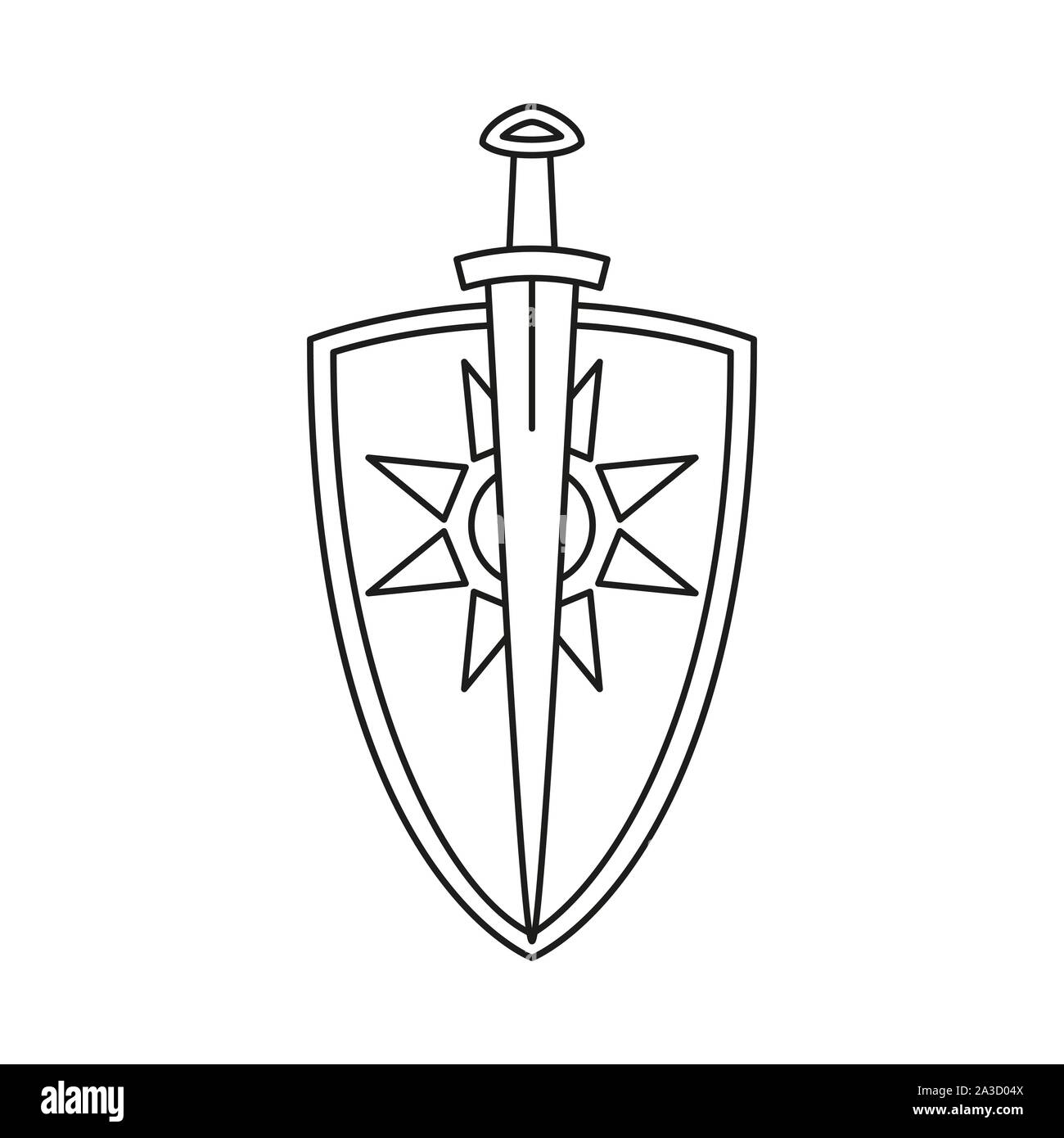 Line art black and white sword shield. Medieval festival props. Fairy ...