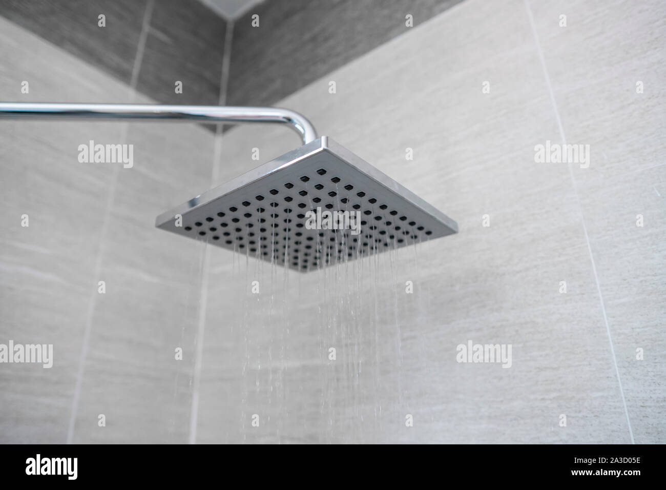 Water flowing from the square shower head in a modern bathroom. Shower ...