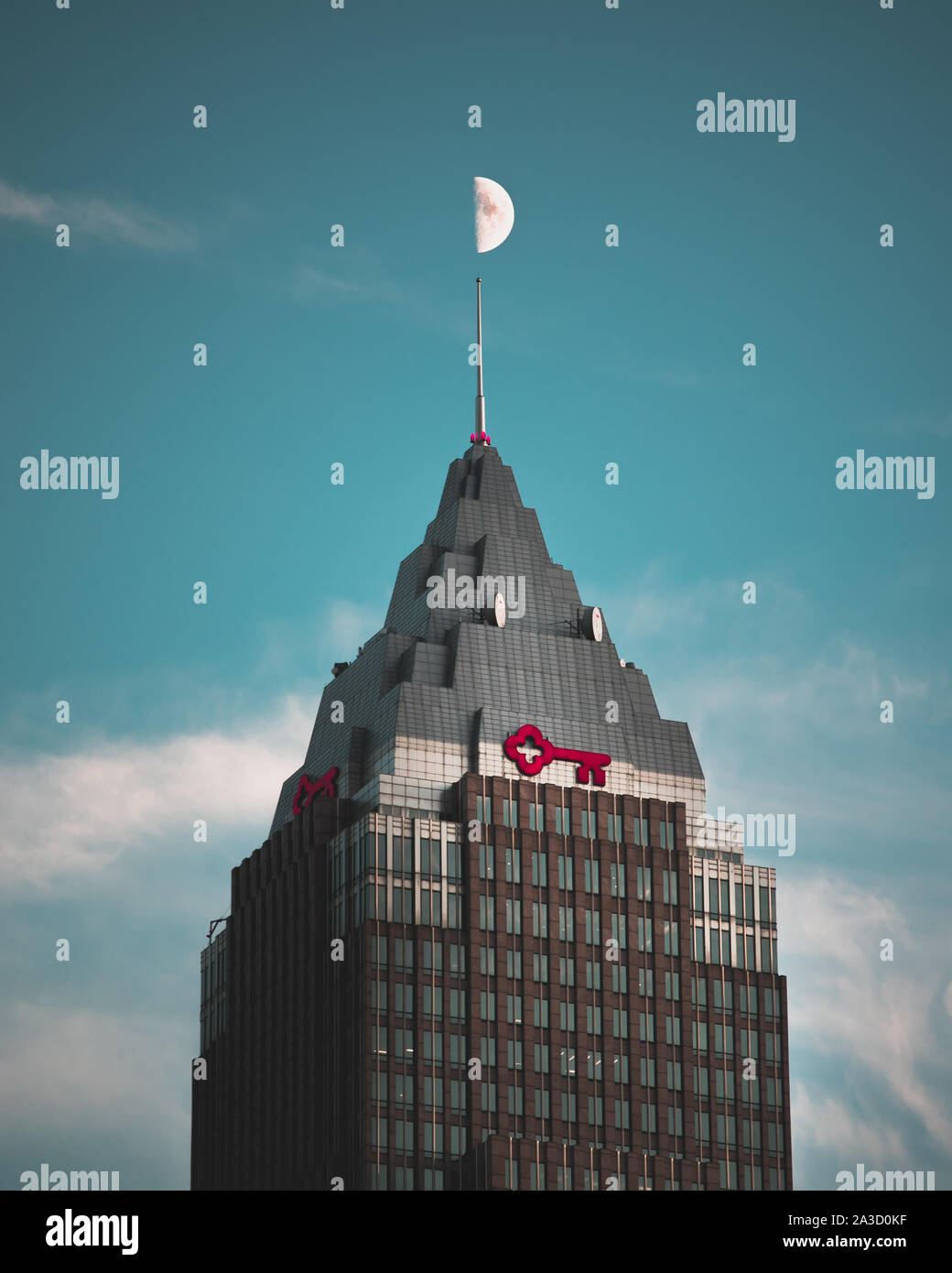 Key Tower framed with the Moon above the building in cleveland ohio ...
