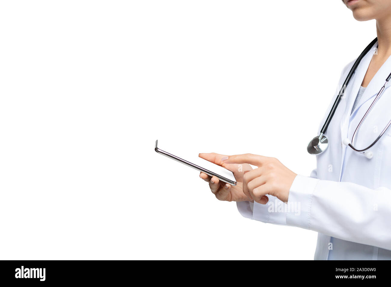 Woman doctor holding smartphone answering to patients Stock Photo - Alamy