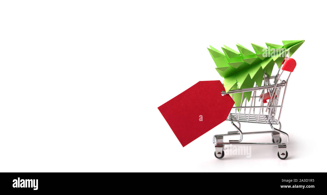 Christmas tree inside shopping cart with blank space for prices Stock ...
