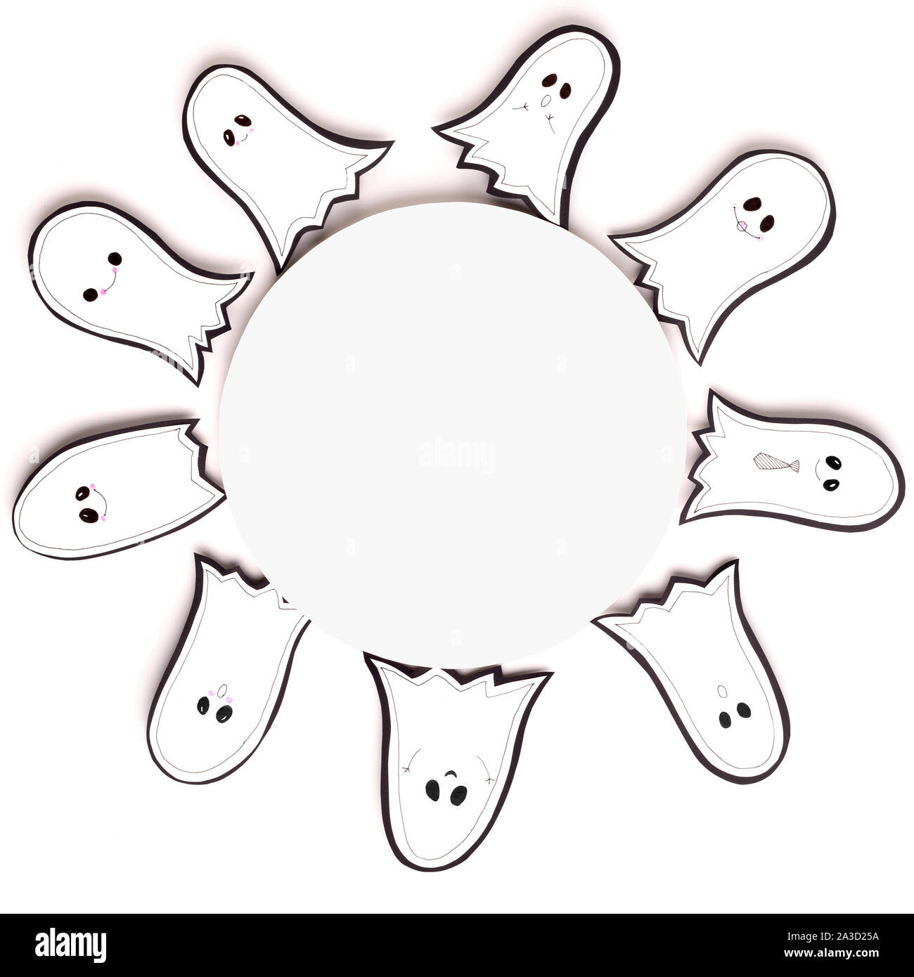 Decorative round frame of flying cute paper ghosts on white Stock Photo ...