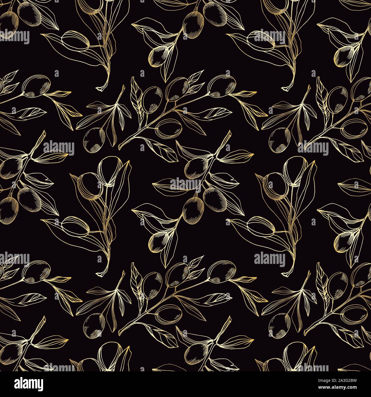 Vector Olive branch with fruit. Black and white engraved ink art. Seamless background pattern ...