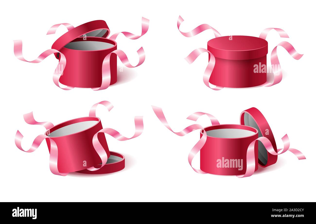 Set icons pink gift box with ribbons and closed and opened lid Stock ...