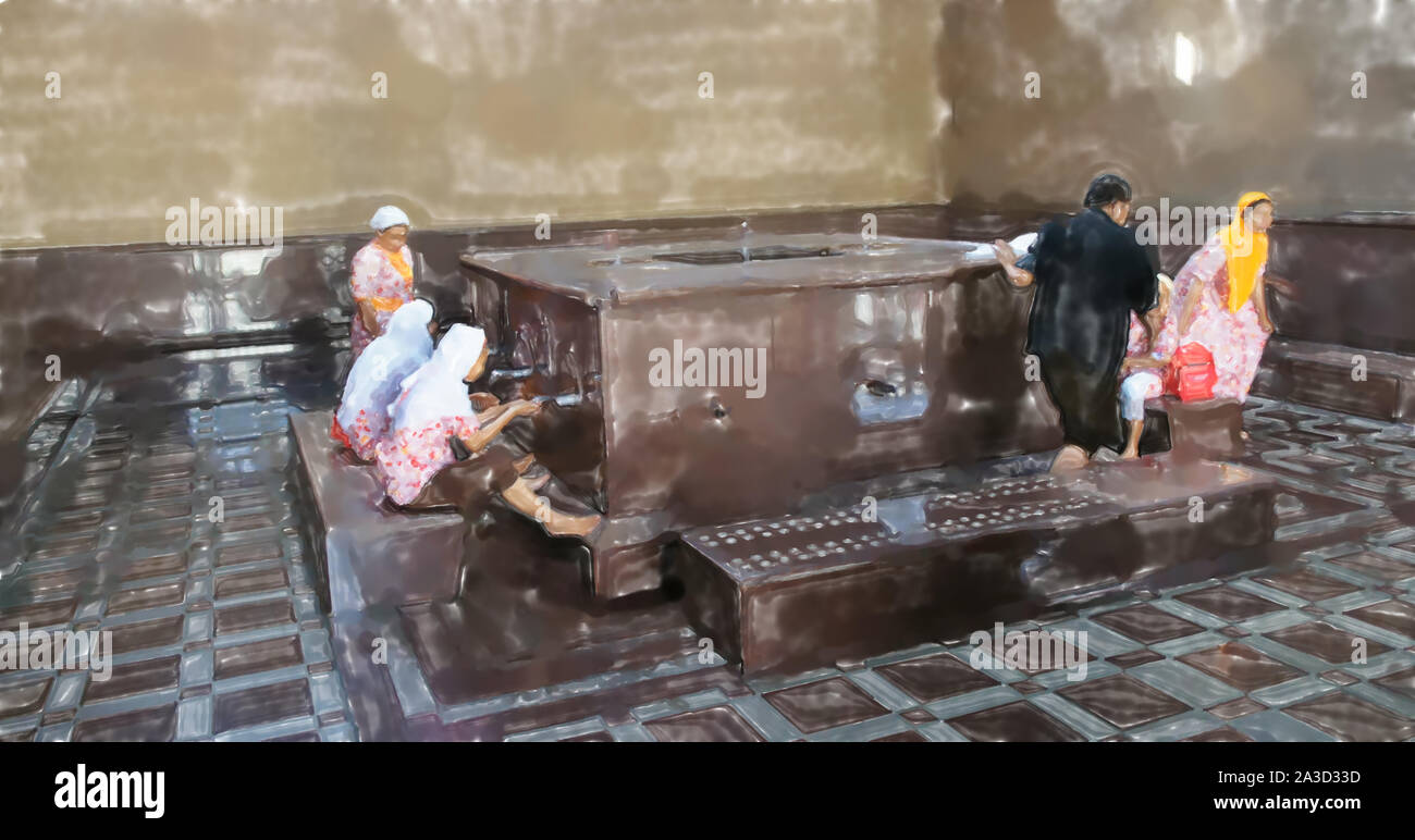 watercolor illustration: Faithful Muslims washing rituals before ...
