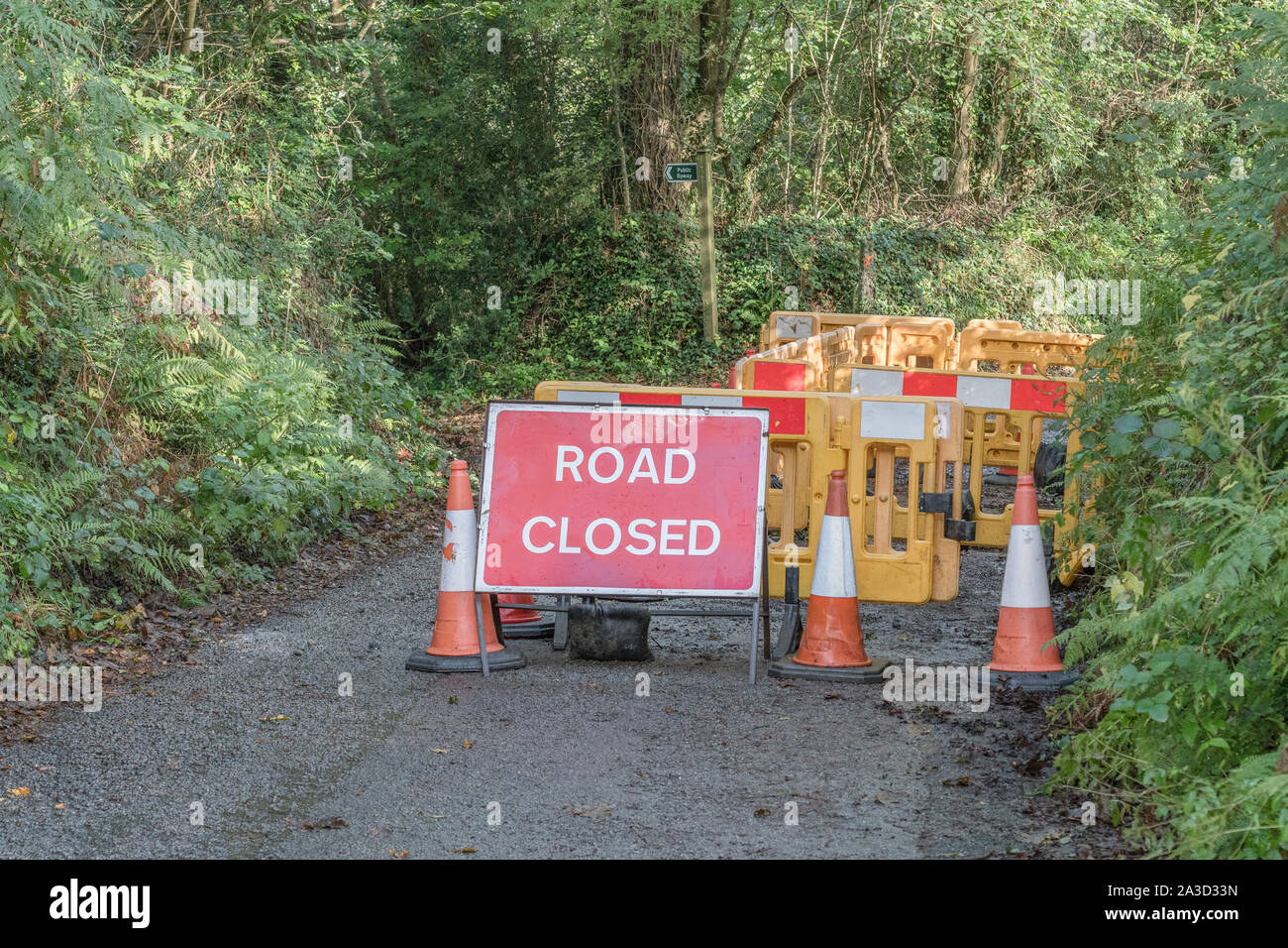 Red Road Closed warning sign in country road lane, along with traffic ...