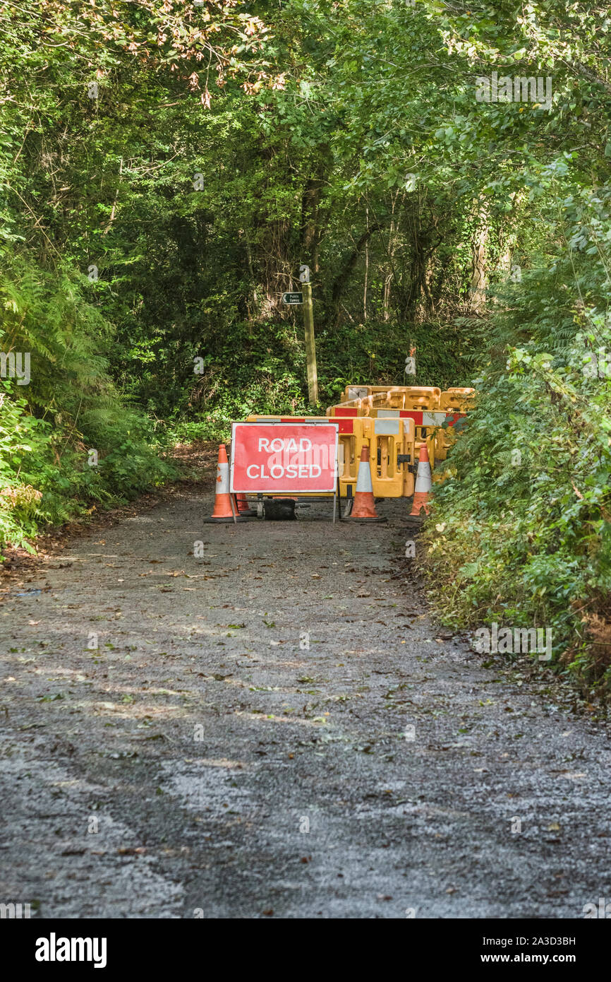 Red Road Closed warning sign in country road lane, along with traffic ...