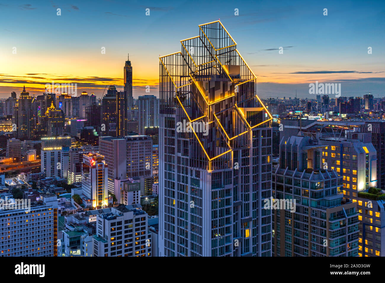 Bangkok buildings and skyline landscape at sunset, Thailand Stock Photo ...