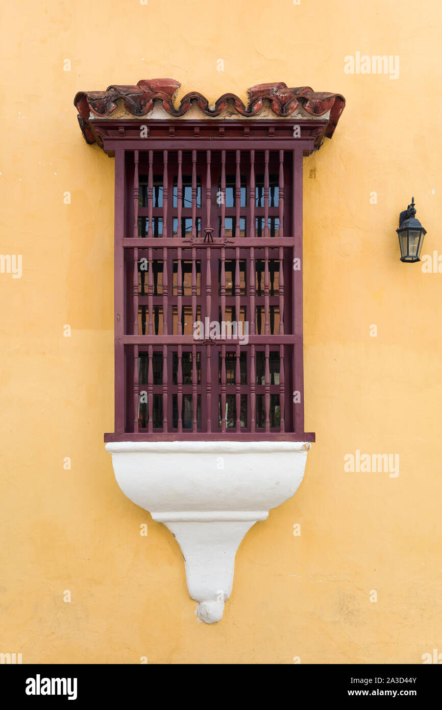 View at typical Latin American colonial window in Cartagena, Colombia ...