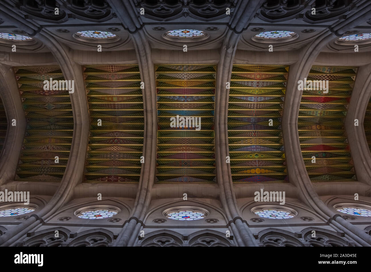 A picture of the long lateral ceiling of the Catedral de la Almudena ...