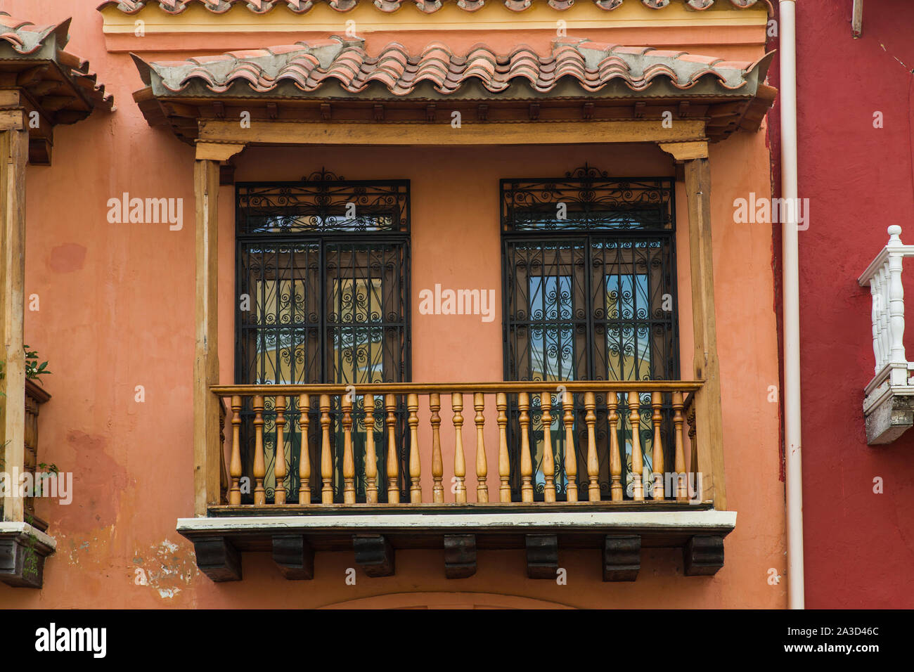 View at typical Latin American colonial window in Cartagena, Colombia ...