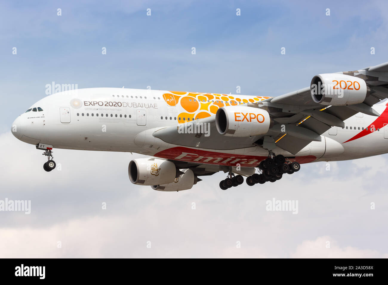 London, United Kingdom – July 10, 2019: Emirates Airbus A380 airplane ...