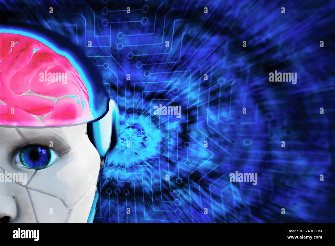 Cyborg artificial intelligence concept illustration. Closeup of robot ...