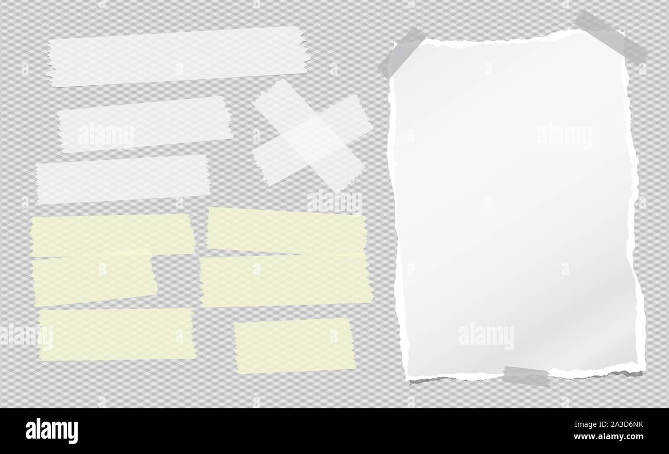 Torn white note, notebook paper piece withsticky tape on squared grey ... Torn white note, notebook paper piece withsticky tape on squared grey ...