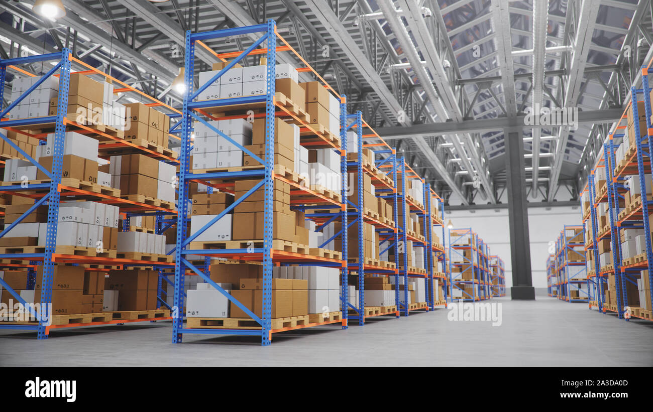 Warehouse With Cardboard Boxes Inside On Pallets Racks Logistic Center