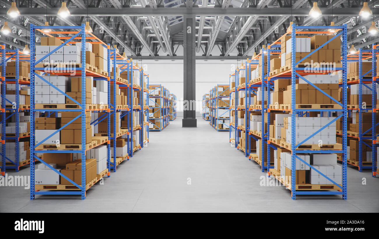 Warehouse with cardboard boxes inside on pallets racks, logistic center ...