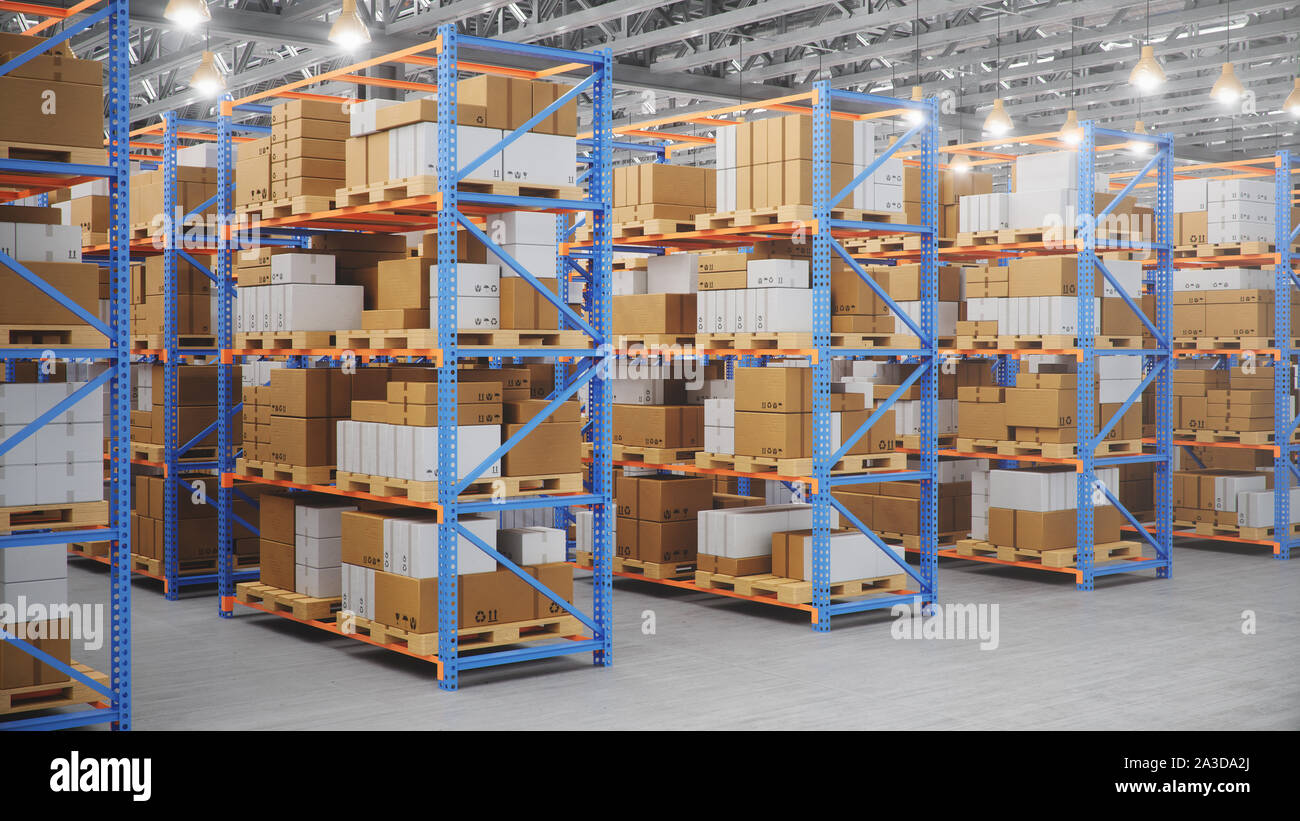 Warehouse with cardboard boxes inside on pallets racks, logistic center ...