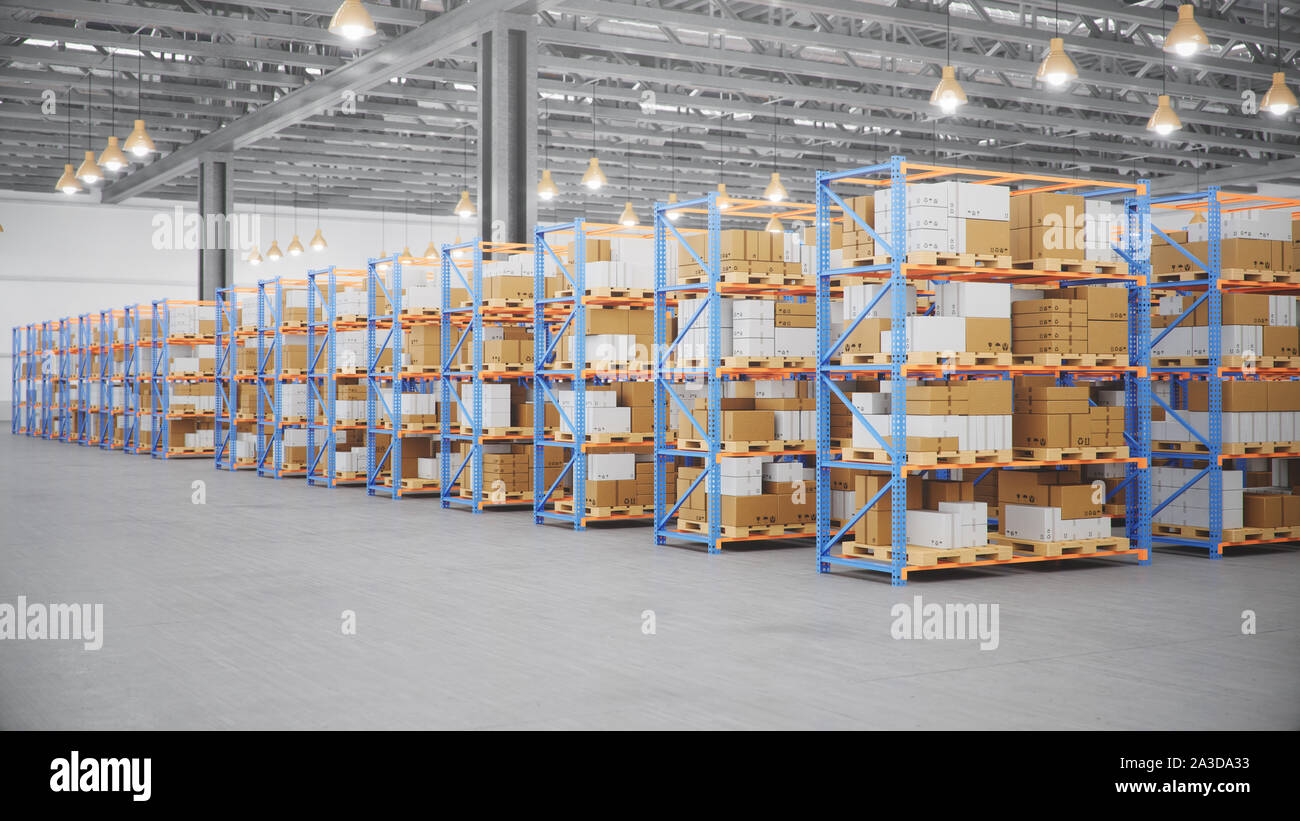Warehouse with cardboard boxes inside on pallets racks, logistic center ...