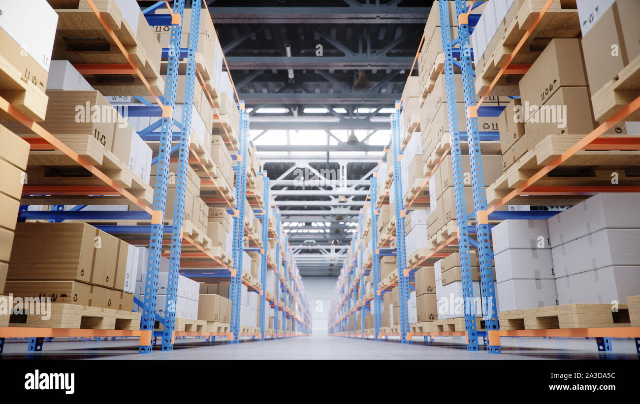 Warehouse with cardboard boxes inside on pallets racks, logistic center ...