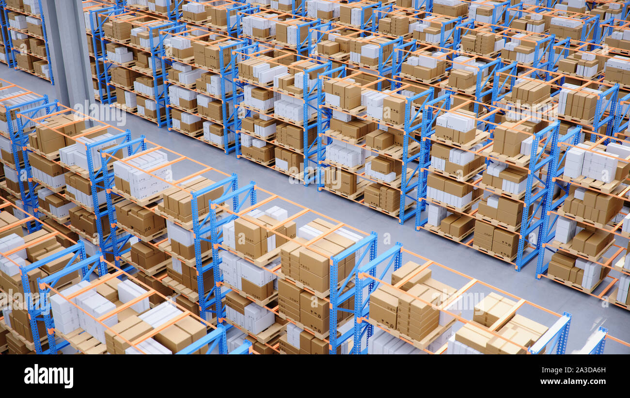 Warehouse with cardboard boxes inside on pallets racks, logistic center ...