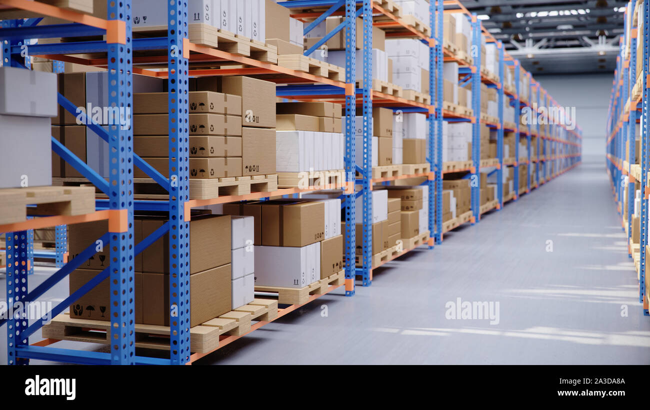 Warehouse with cardboard boxes inside on pallets racks, logistic center ...
