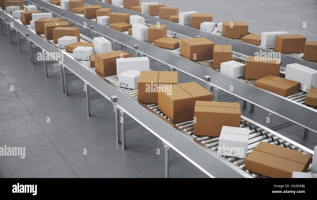 3D illustration Packages delivery, packaging service and parcels transportation system concept ...