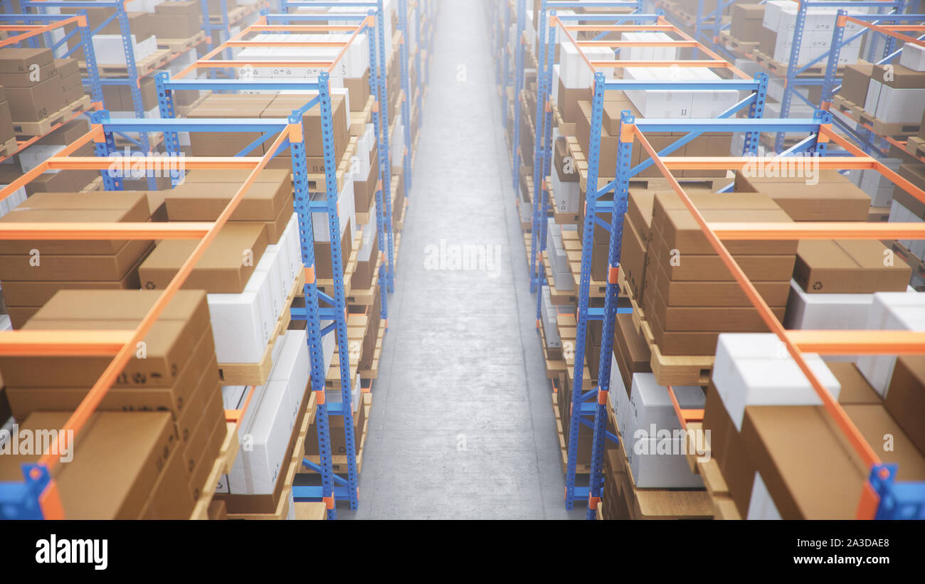 Warehouse with cardboard boxes inside on pallets racks, logistic center ...