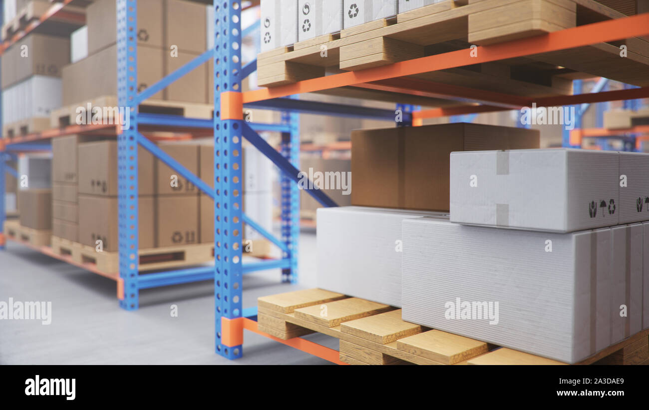 Warehouse with cardboard boxes inside on pallets racks, logistic center ...