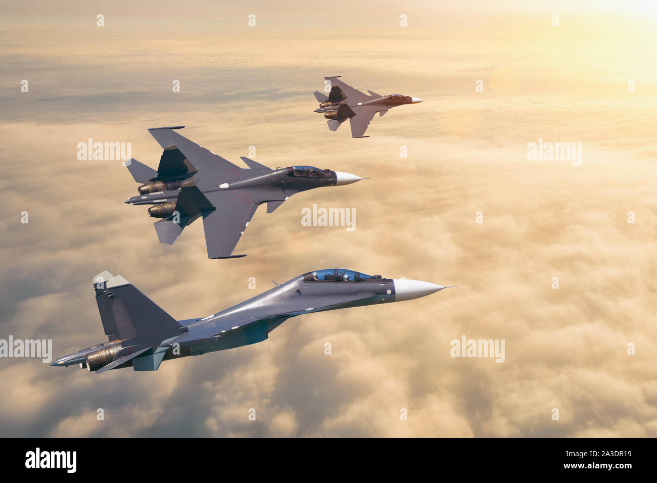 Group of three aircraft fighter jet airplane sun glow flying high in ...