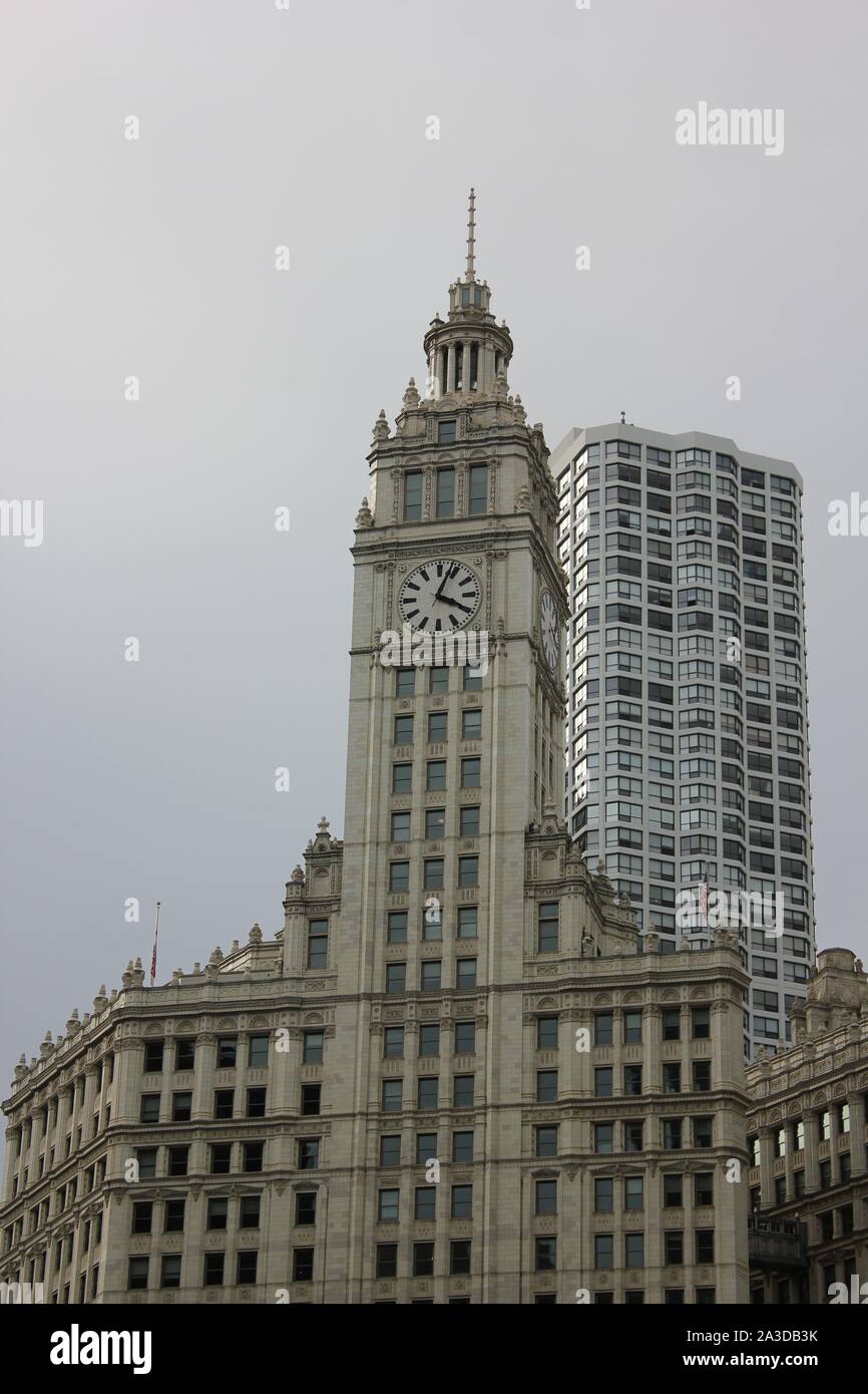 The Wrigley Building clock tower in downtown Chicago, Illinois, USA ...
