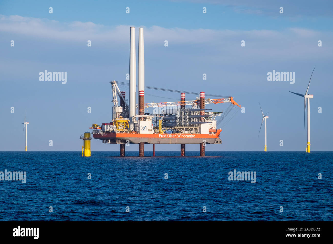 A wind turbine installation vessel, Bold Tern, working on erecting ...