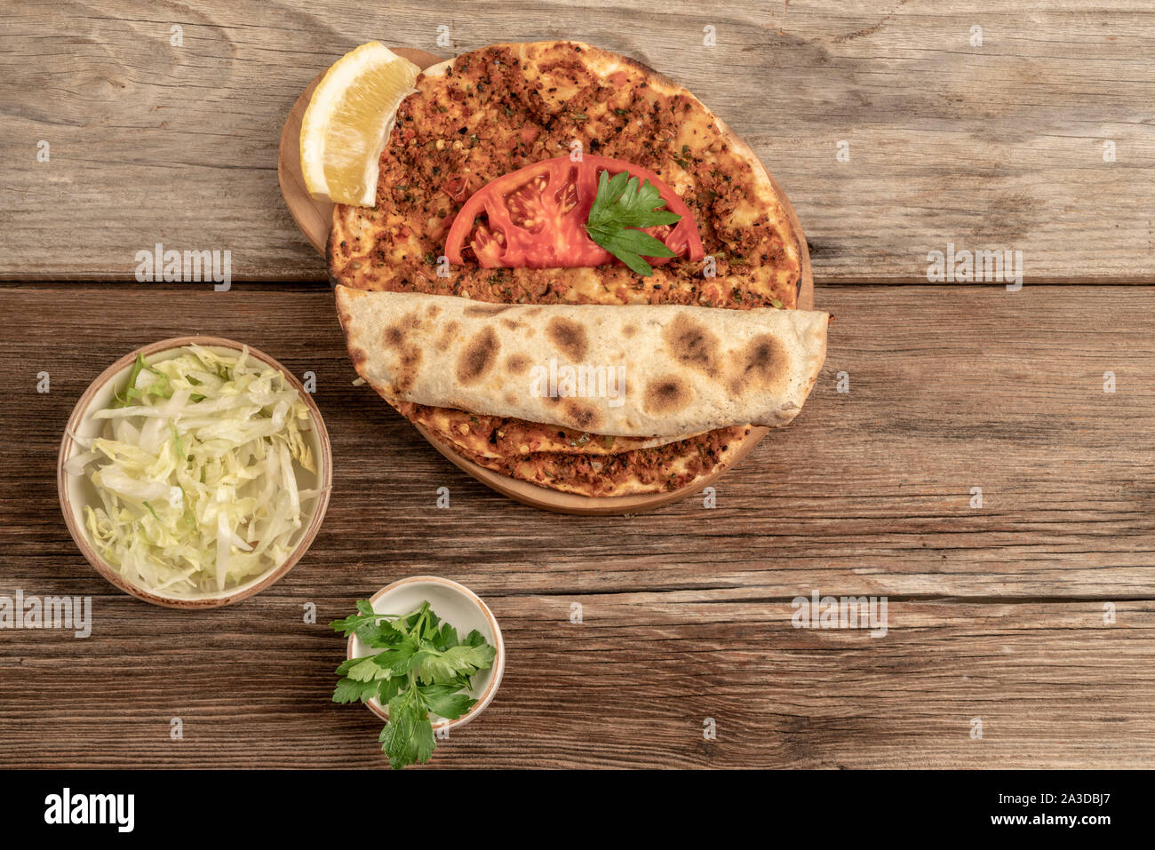 Traditional Turkish pizza that is made of ground beef and onion on a ...
