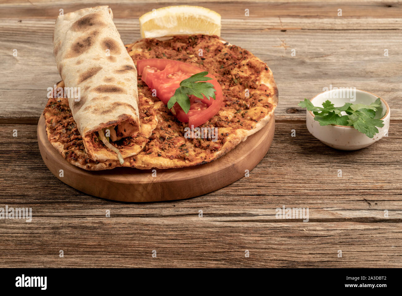 Traditional Turkish pizza that is made of ground beef and onion on a ...