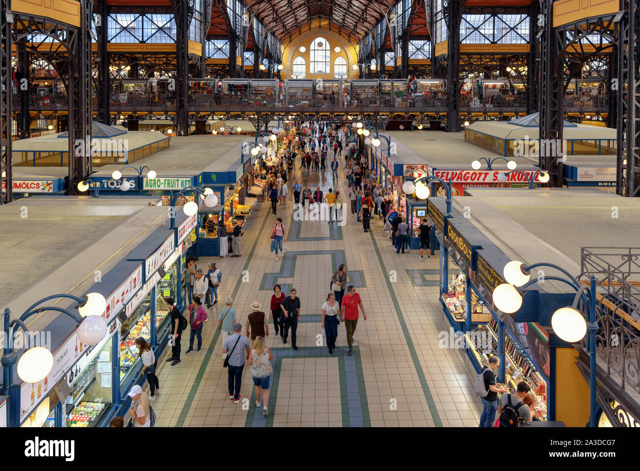 Looking onto people shopping in the Great Market Hall of Budapest ...
