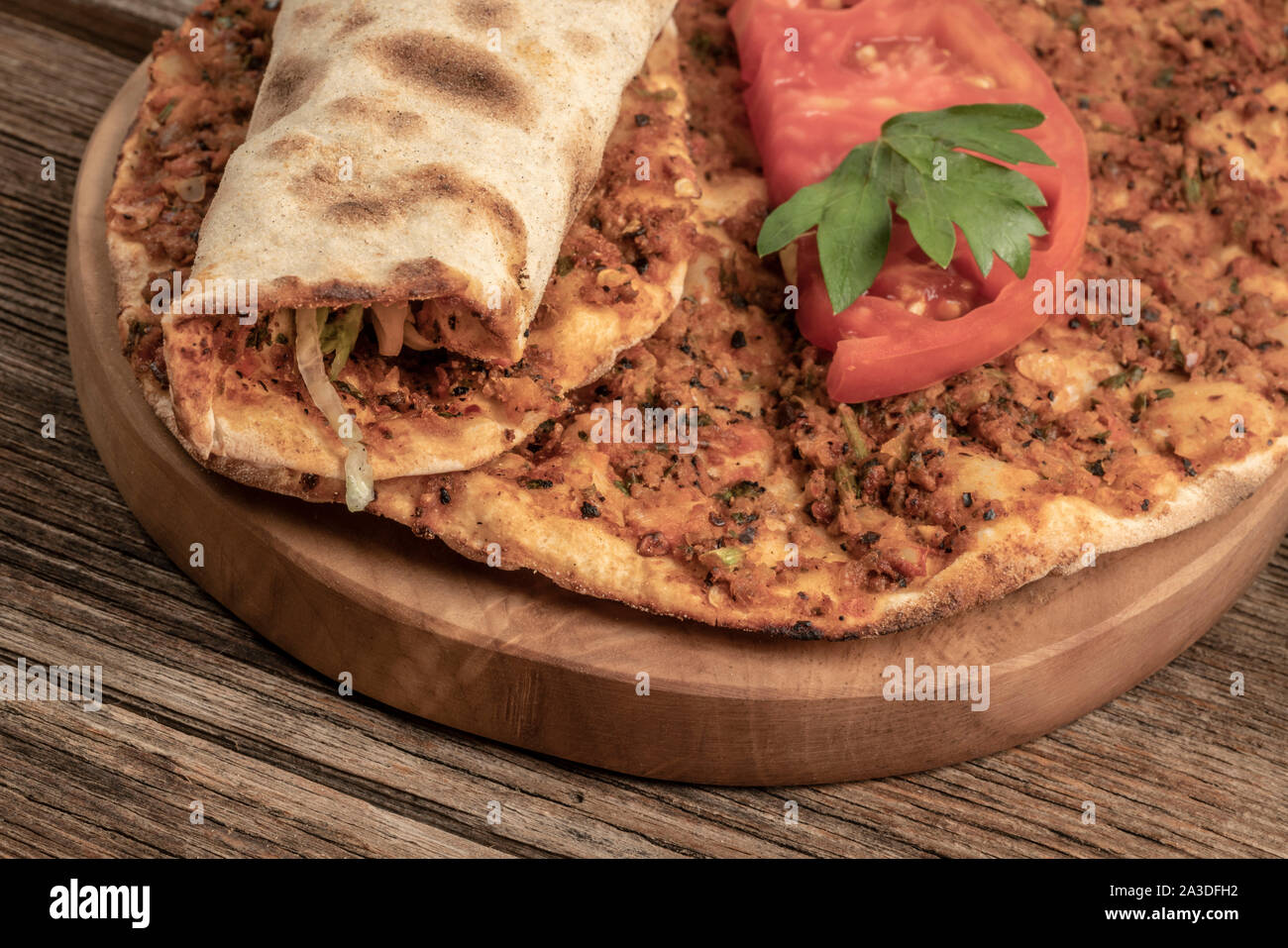 Traditional Turkish pizza that is made of ground beef and onion on a ...