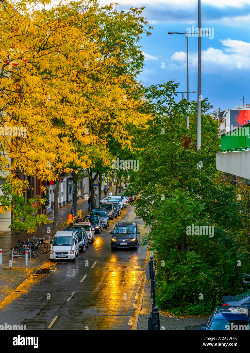 Berlin, Germany - October 5, 2019: Autumn road at dusk, where the ...