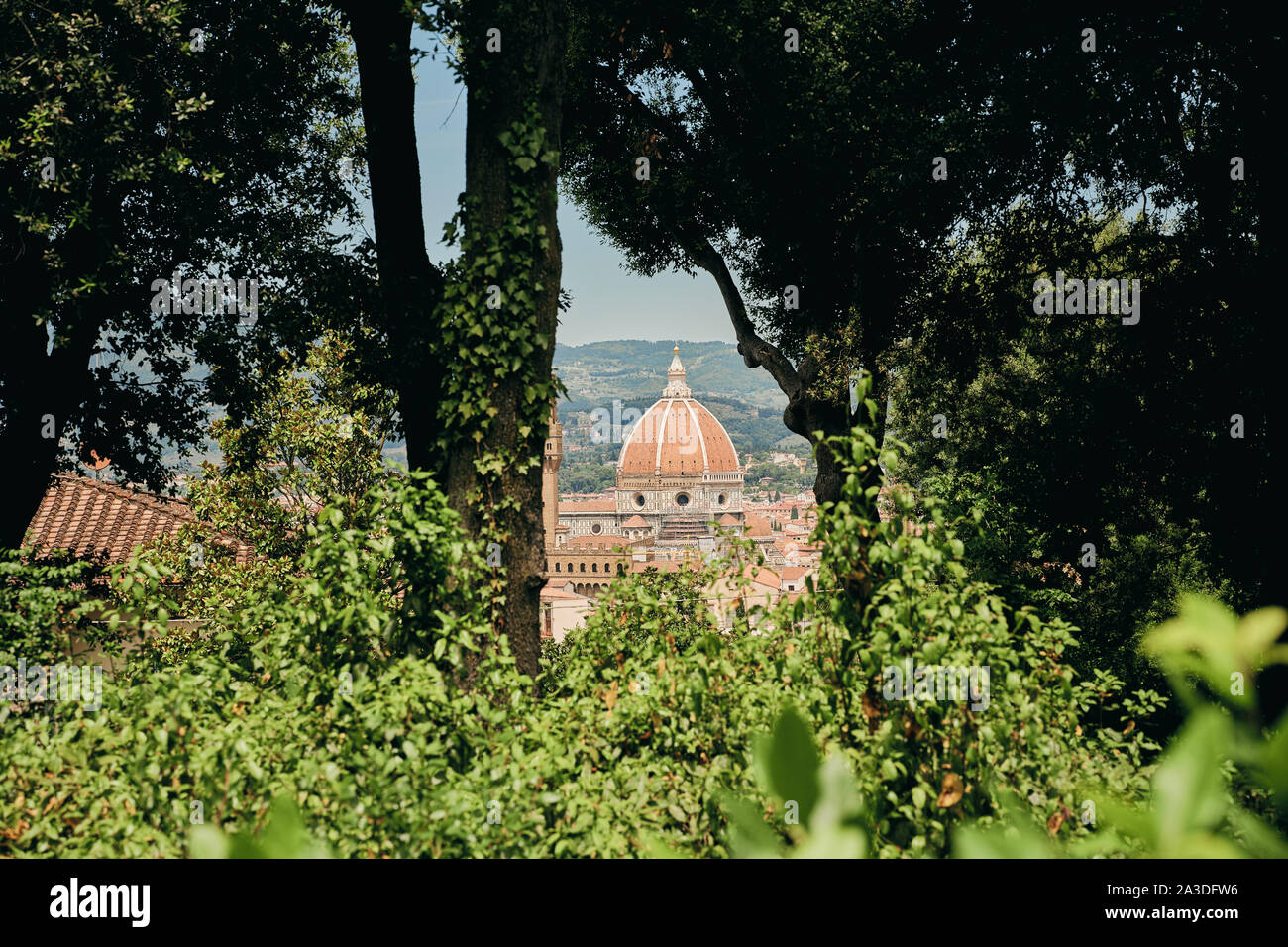Green bushes and scenic view of remote building with dome on summer day ...