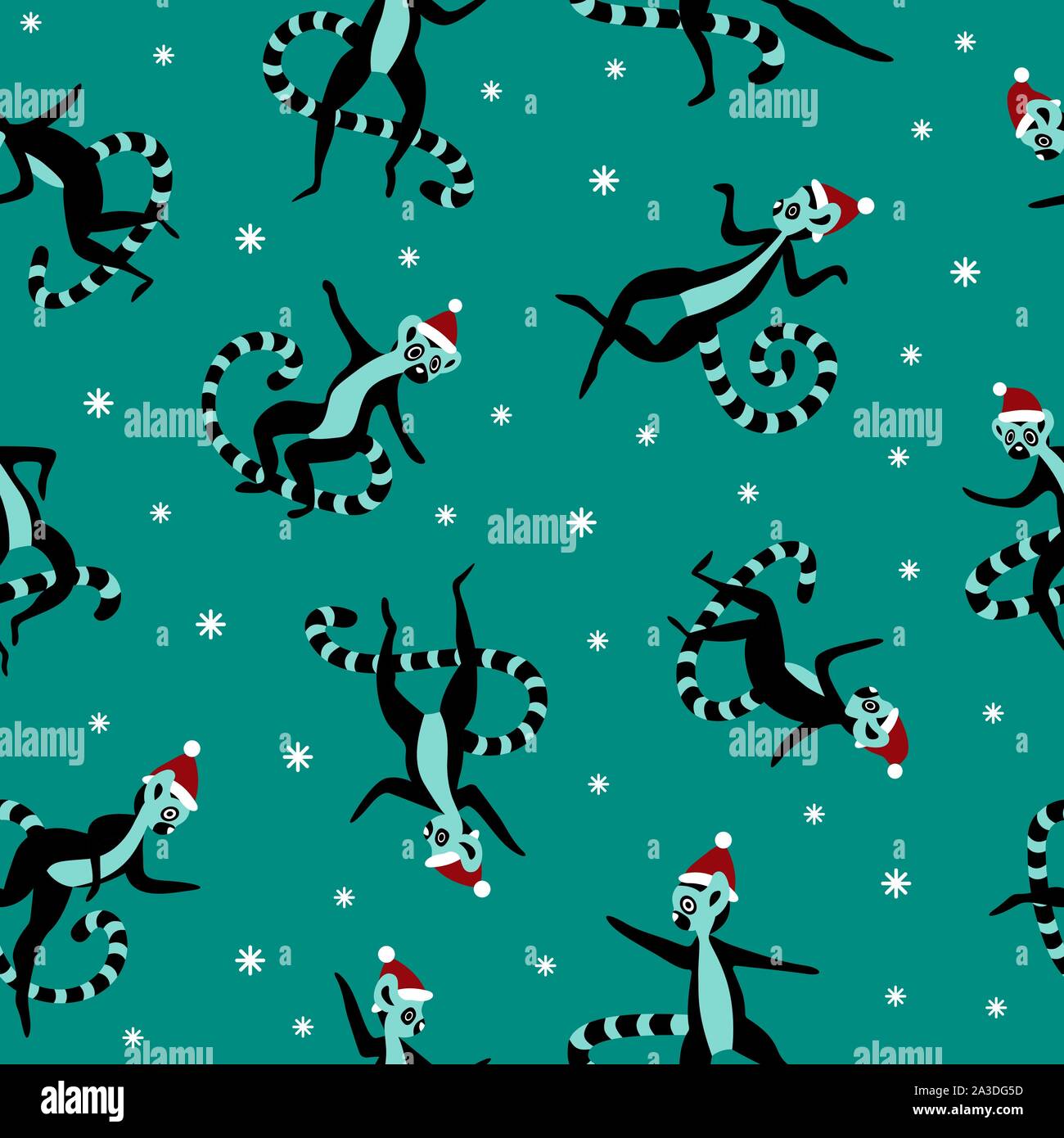 Cristmas seamless pattern with cute lemurs. Madagascar animals in red ...