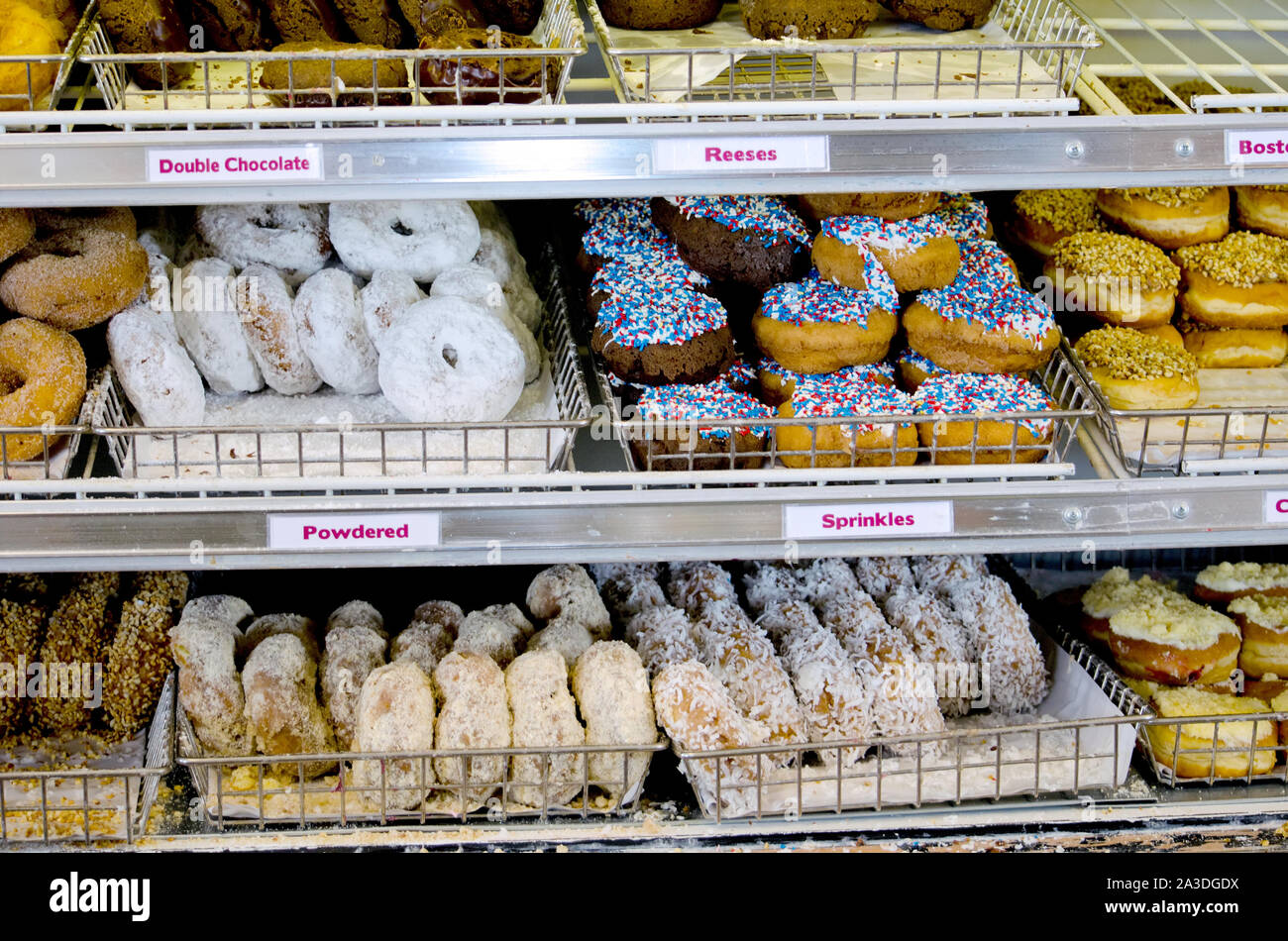 A variety of delicious doughnuts, with toppings and fillings of many ...