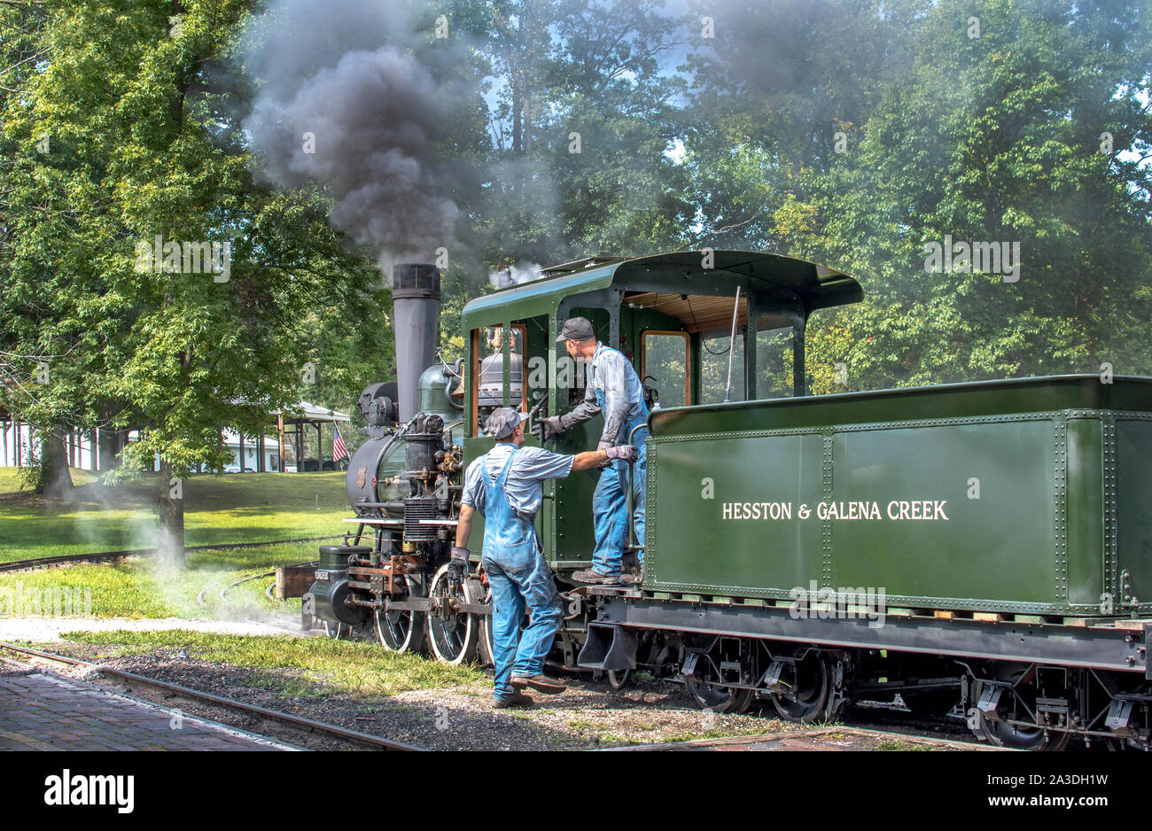 Hesston Indiana USA, September 15, 2019; two men in overalls and caps ...