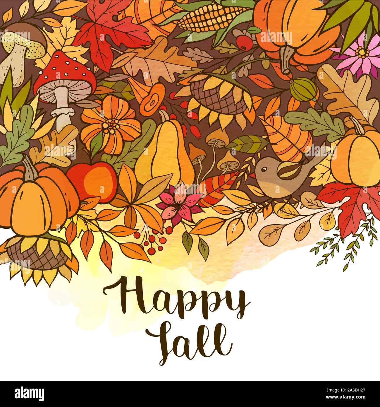 Hand drawn doodle autumn background with pumpkins, leaves and mushrooms ...