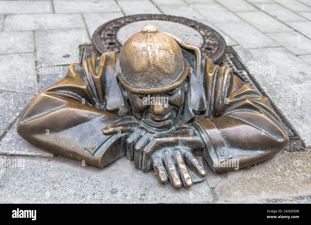 BRATISLAVA, SLOVAKIA - JULY 27, 2016: Sculpture of a plumber or the ...