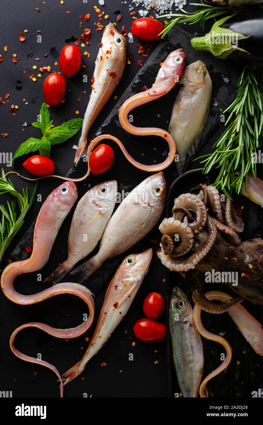 Fresh mixed sea fish, octopus, tomatoes cherry and rosemary on dark ...