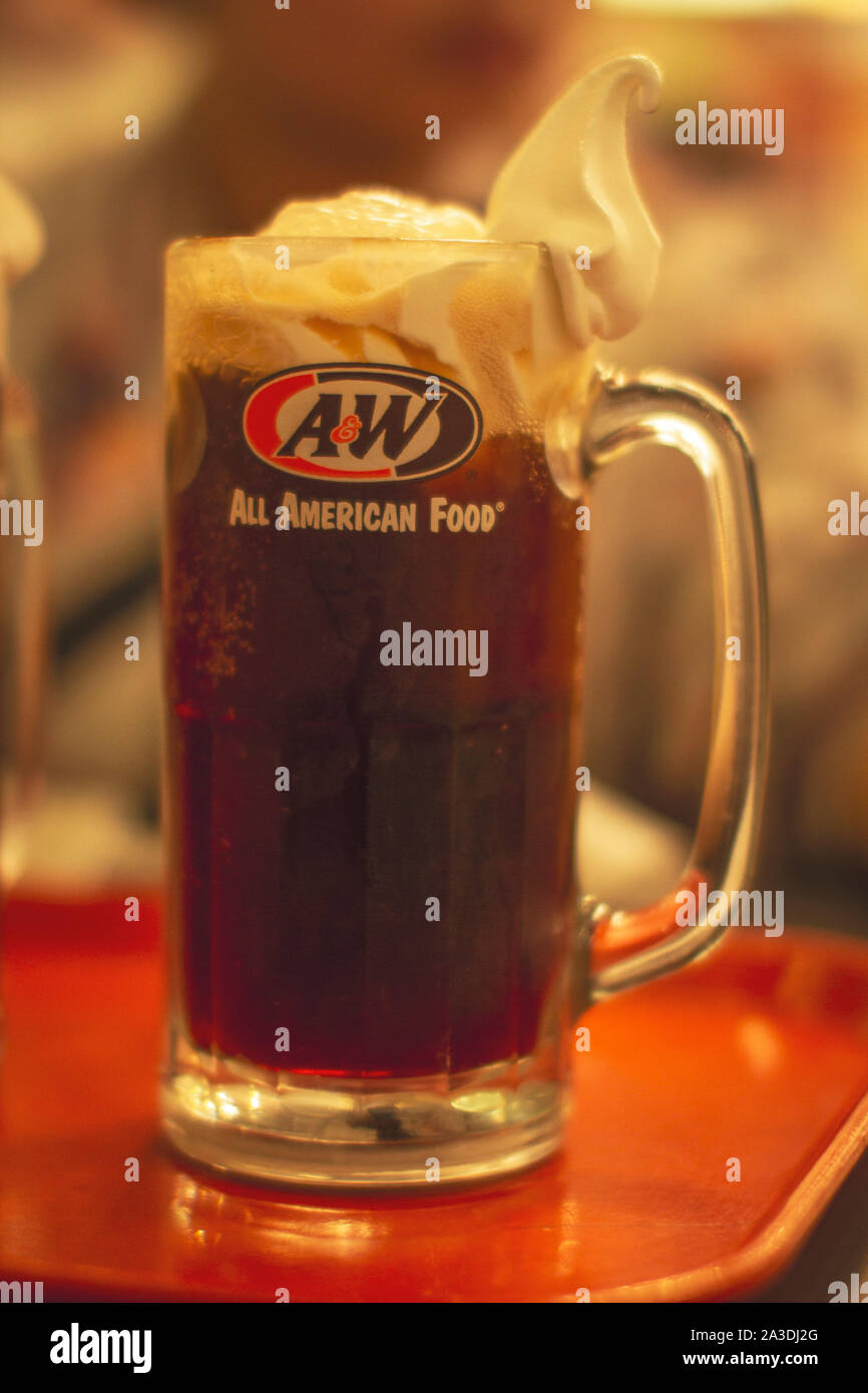 Root beer soft drinks in a large mug at A & W fast food restaurant in ...