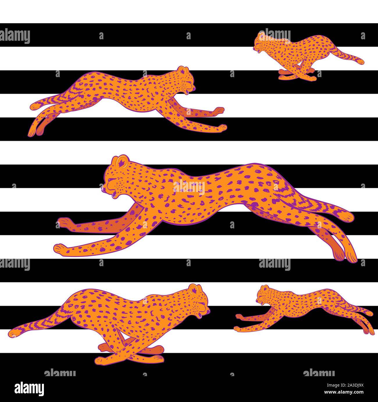 Vintage style animalistic design with running cheetah over striped ...