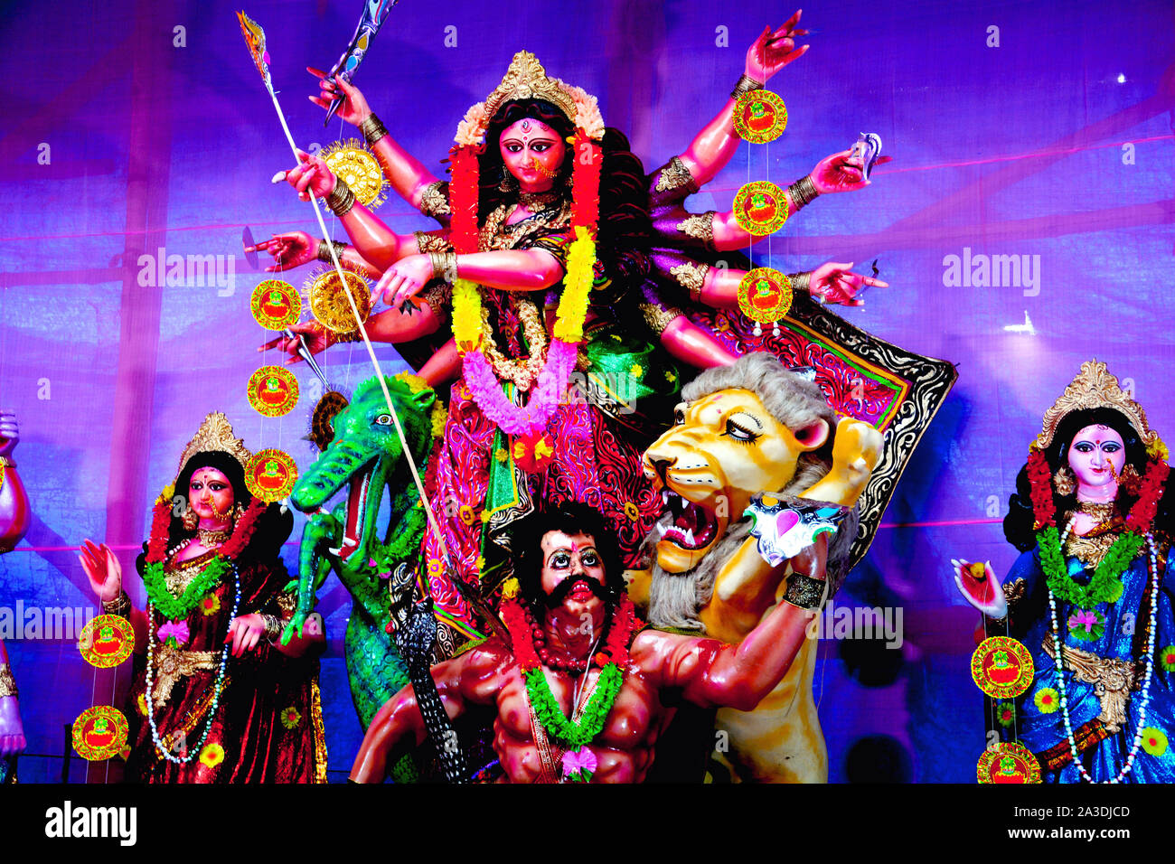 Goddess Durga Idol decorated at Durga Puja Pandal in village of rural ...