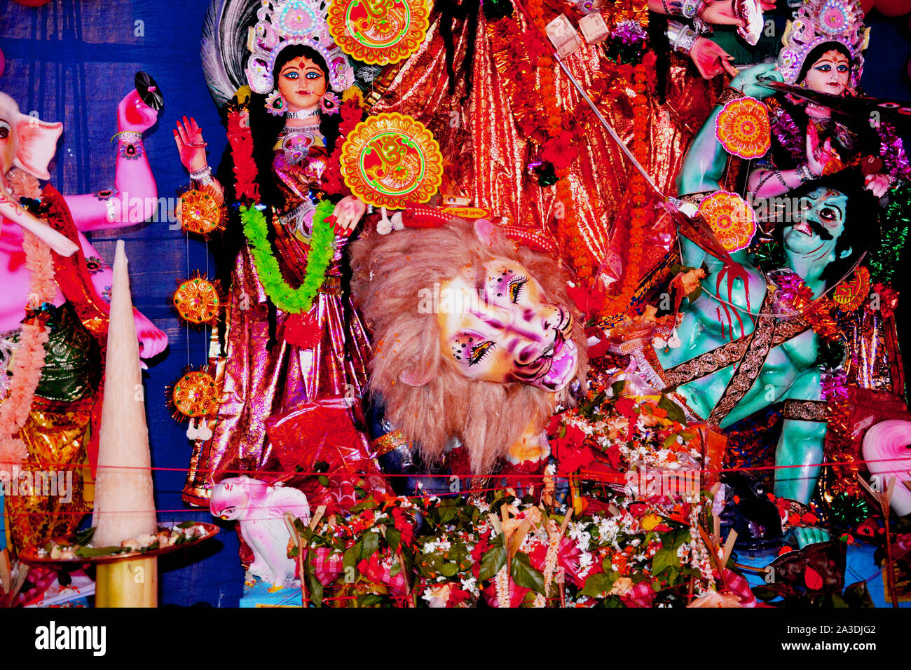 Goddess Durga Idol decorated at Durga Puja Pandal in village of rural ...