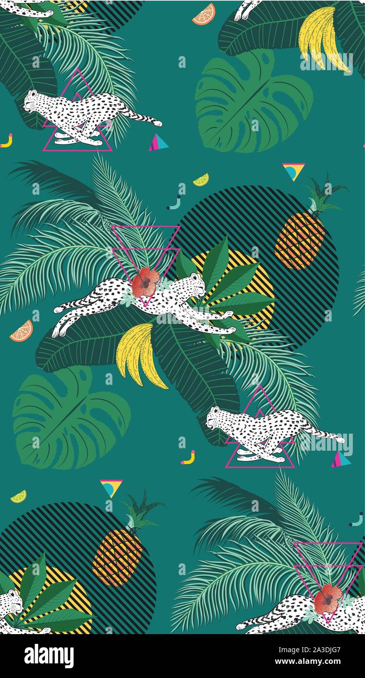 Running cheetah with tropical fruits and leaves design Stock Vector ...