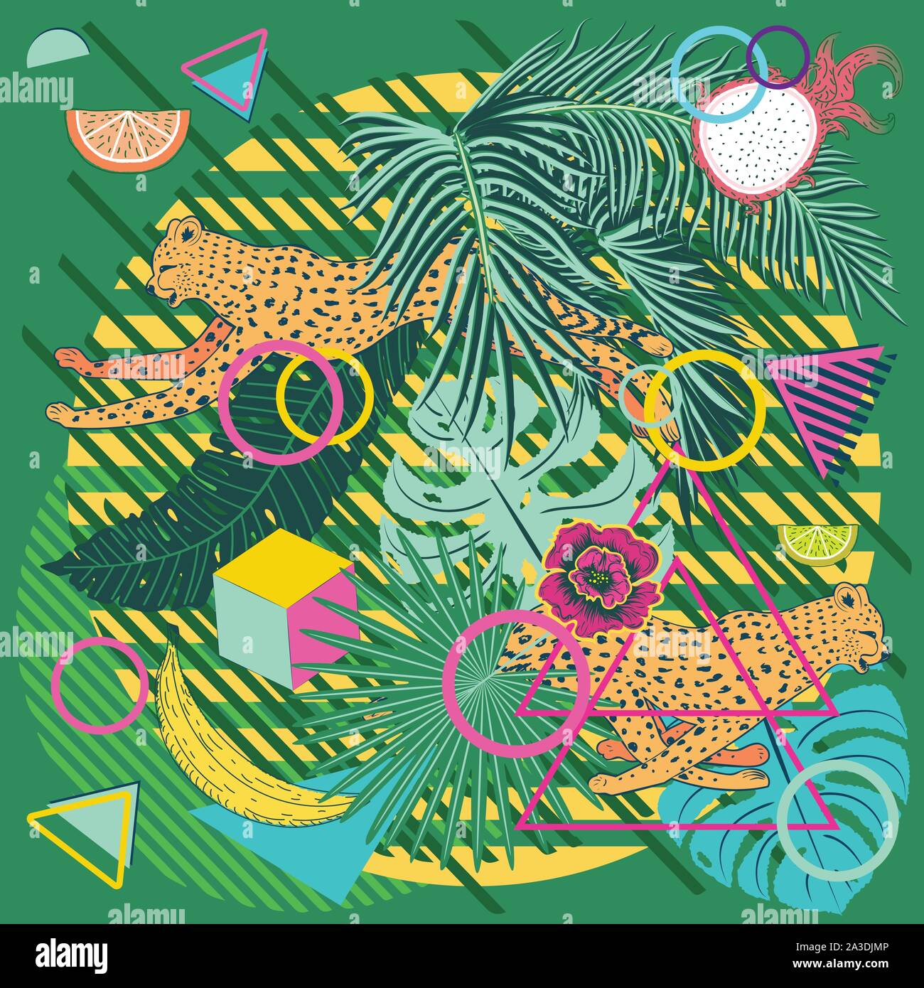 Running cheetah with tropical fruits and leaves design Stock Vector ...